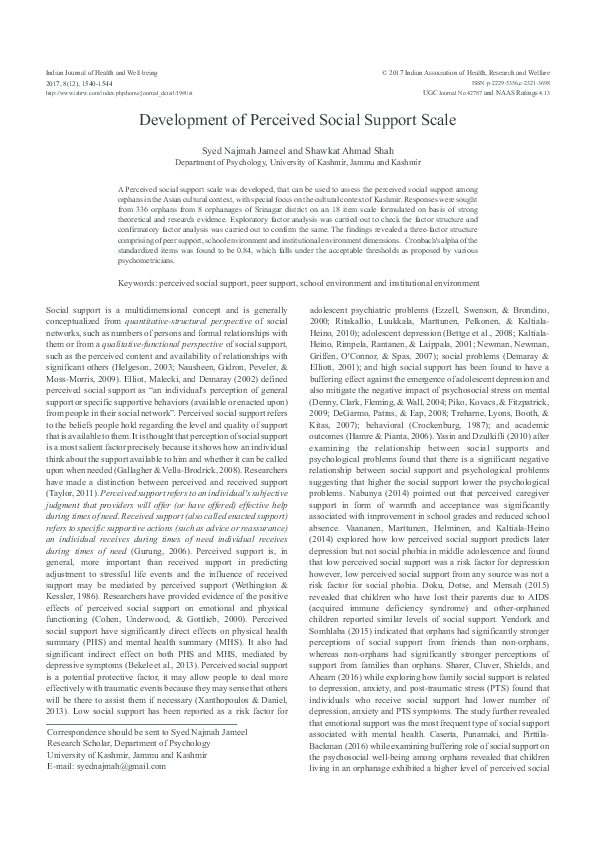 (PDF) Development of perceived social support scale