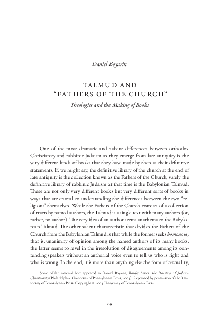 (PDF) Daniel Boyarin, “Talmud and ‘Fathers of the Church’: Theologies ...