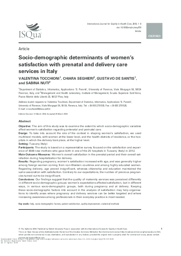 (PDF) Socio-demographic determinants of women's satisfaction with prenatal and delivery care ...