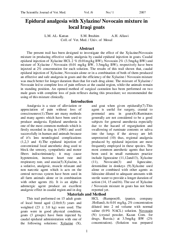 (PDF) Epidural analgesia with Xylazine/ Novocain mixture in local Iraqi ...