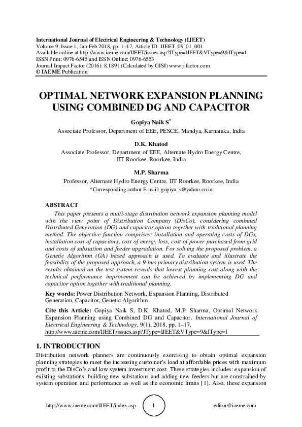 (PDF) Optimal Network Expansion Planning using Combined DG and Capacitor