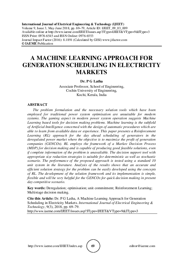 (PDF) A MACHINE LEARNING APPROACH FOR GENERATION SCHEDULING IN ...