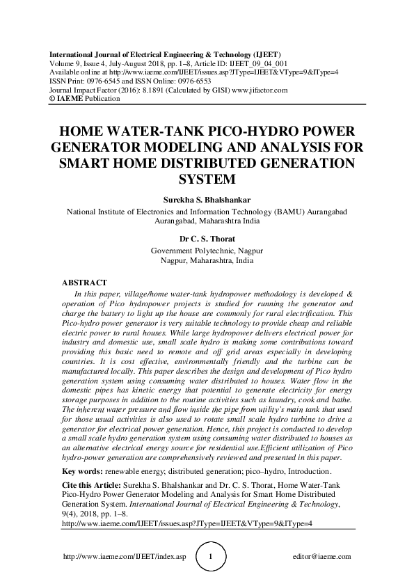 (PDF) HOME WATER-TANK PICO-HYDRO POWER GENERATOR MODELING AND ANALYSIS ...