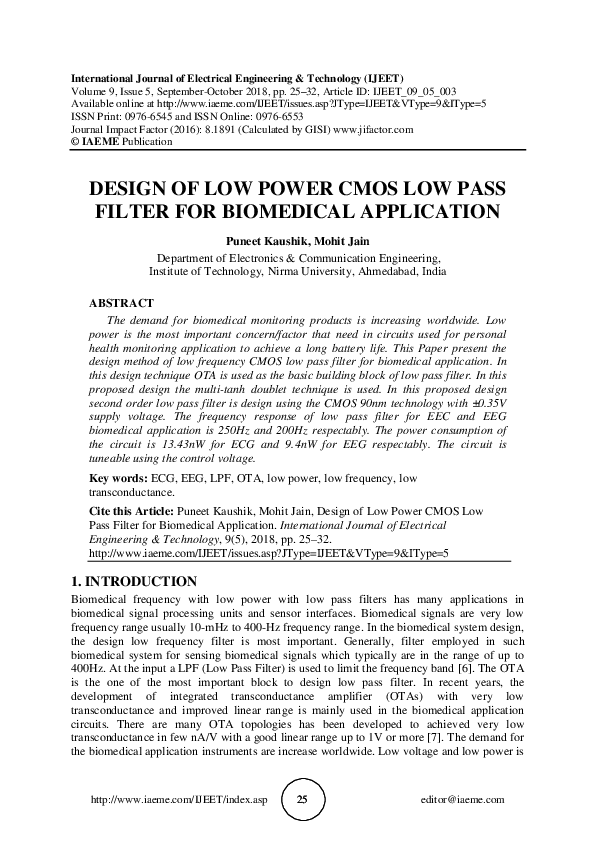 (PDF) DESIGN OF LOW POWER CMOS LOW PASS FILTER FOR BIOMEDICAL APPLICATION