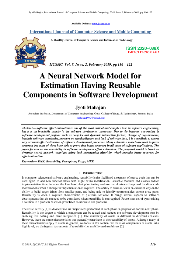 (PDF) A Neural Network Model for Estimation Having Reusable Components in Software Development﻿