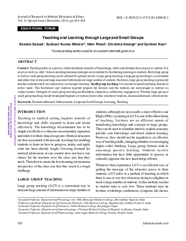 (PDF) Teaching and Learning through Large and Small Groups