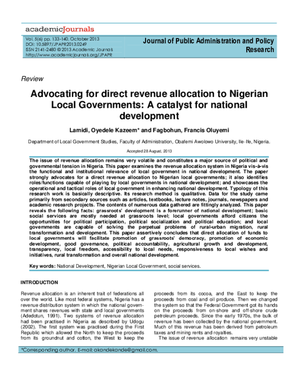 (PDF) Advocating for direct revenue allocation to Nigerian Local Governments: A catalyst for ...
