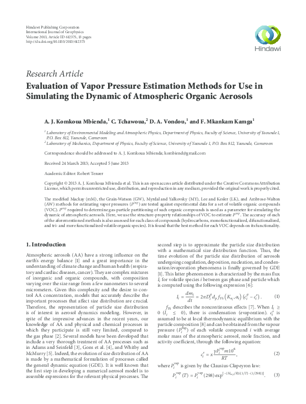 Pdf Evaluation Of Vapor Pressure Estimation Methods For Use In Simulating The Dynamic Of