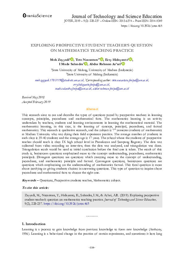 (PDF) Exploring prospective student teacher's question on mathematics ...