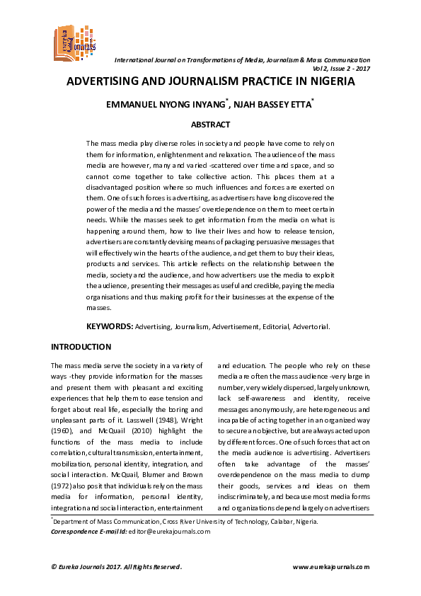 (PDF) ADVERTISING AND JOURNALISM PRACTICE IN NIGERIA