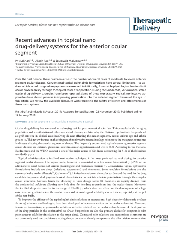 (PDF) Recent advances in topical nano drug-delivery systems for the anterior ocular segment