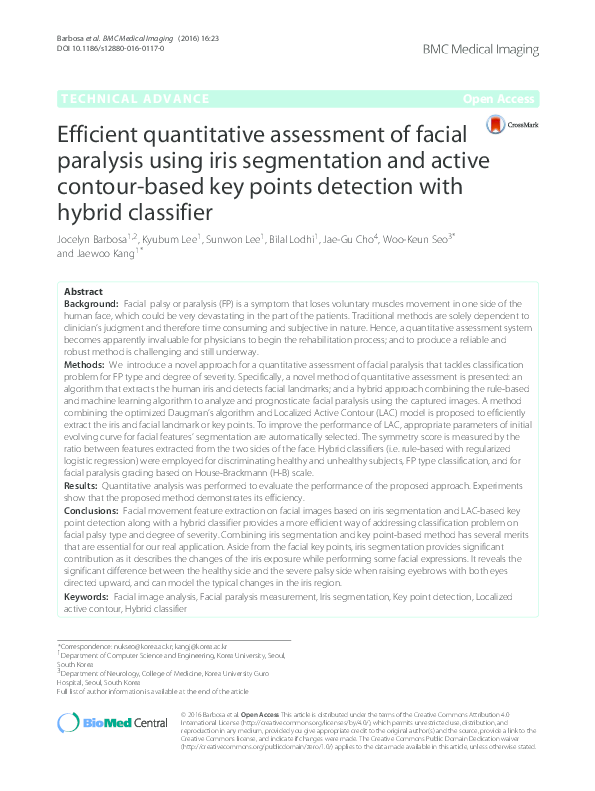Pdf Efficient Quantitative Assessment Of Facial Paralysis Using Iris