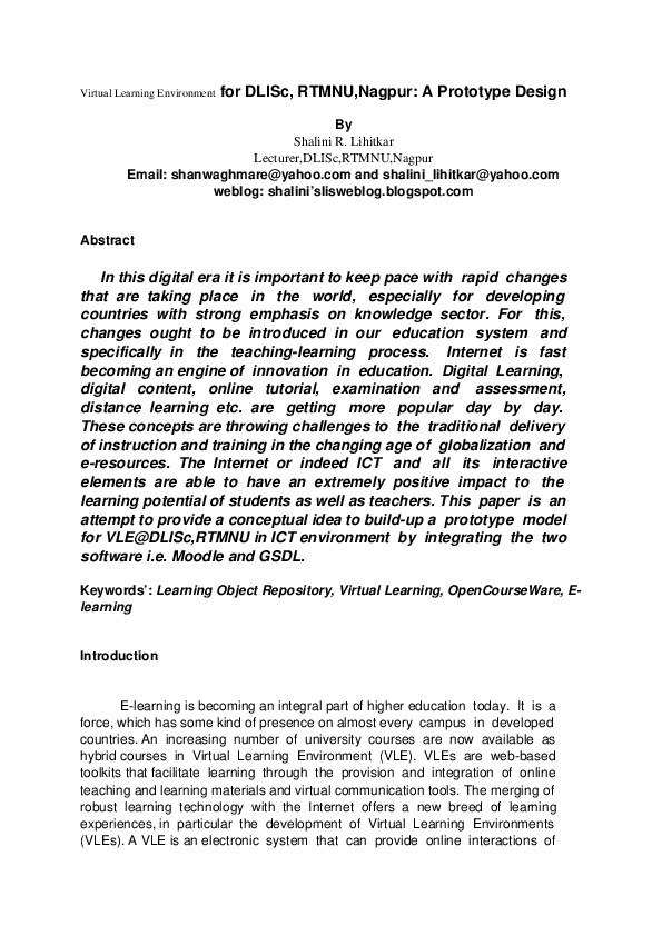 (PDF) Virtual Learning Enviornmnet for DLISc, RTMNU, Nagpur: a ...