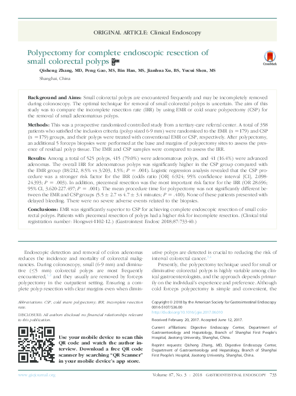 (PDF) Polypectomy for complete endoscopic resection of small colorectal ...