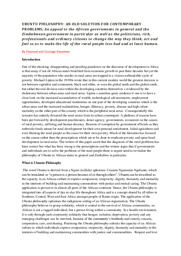(DOC) UBUNTU PHILOSOPHY: AN OLD SOLUTION FOR CONTEMPORARY PROBLEMS