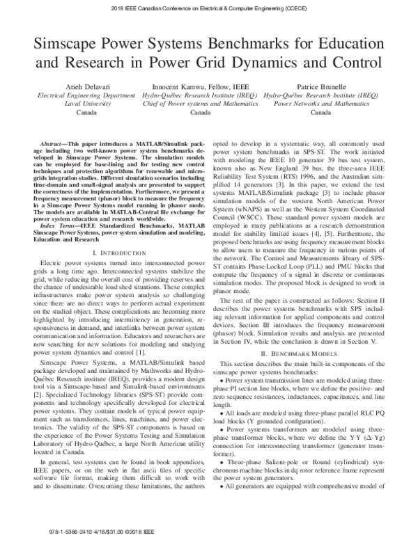 (PDF) Simscape Power Systems Benchmarks for Education and Research in ...