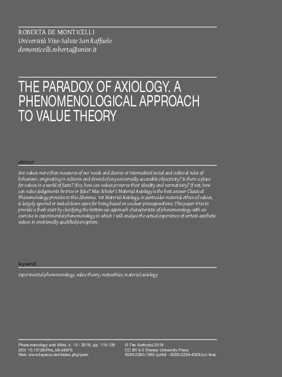 (PDF) THE PARADOX OF AXIOLOGY. A PHENOMENOLOGICAL APPROACH TO VALUE THEORY