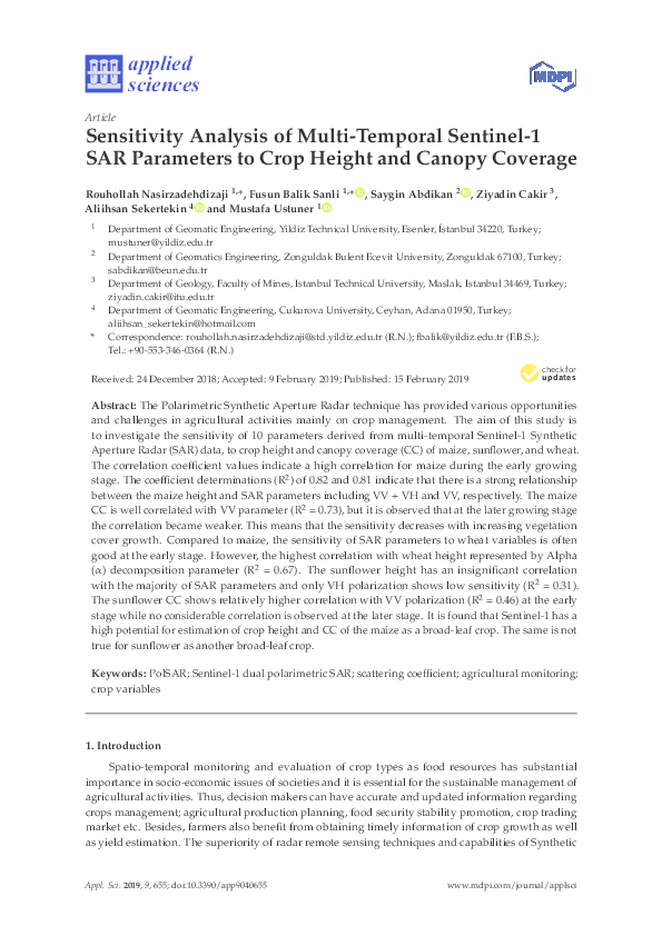 Pdf Sensitivity Analysis Of Multi Temporal Sentinel 1 Sar Parameters