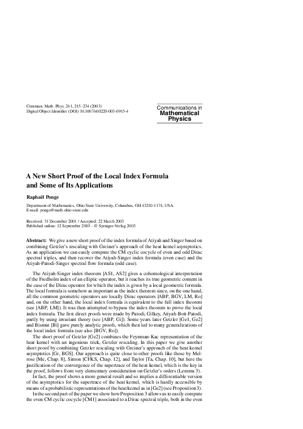 (PDF) A New Short Proof of the Local Index Formula and Some of Its ...