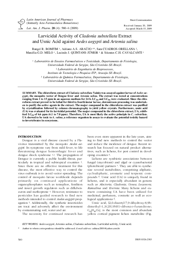 (PDF) Larvicidal activity of Cladonia substellata extract and usnic acid against Aedes aegypti ...