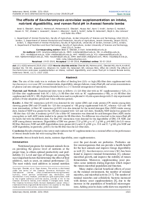 (PDF) The effects of Saccharomyces cerevisiae supplementation on intake ...