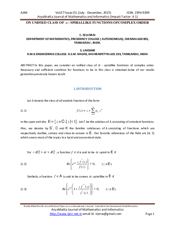 (PDF) ON UNIFIED CLASS OF -SPIRALLIKE FUNCTIONS OFCOMPLEX ORDER