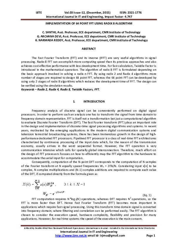 (PDF) IMPLEMENTATION OF 64 POINT FFT USING RADIX 8 ALGORITHM (PDF) IMPLEMENTATION OF 64 POINT FFT USING RADIX 8 ALGORITHM
