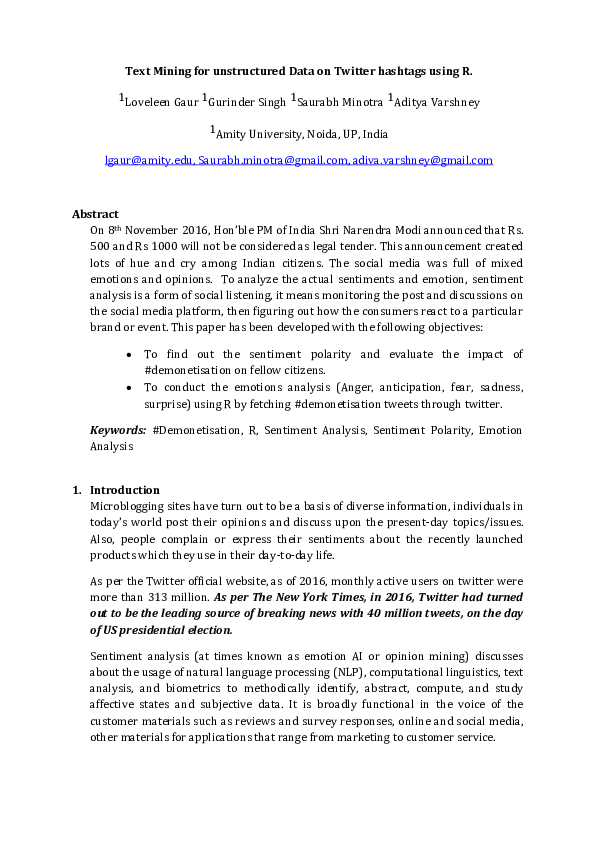 Pdf Text Mining For Unstructured Data On Twitter Hashtags Using R