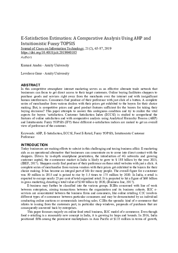 Pdf E Satisfaction Estimation A Comparative Analysis Using Ahp And