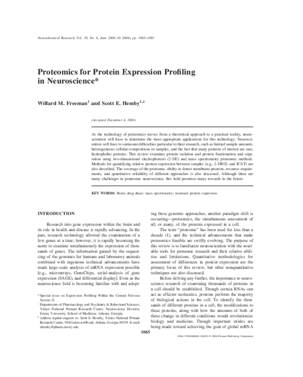 (PDF) Proteomics for Protein Expression Profiling in Neuroscience