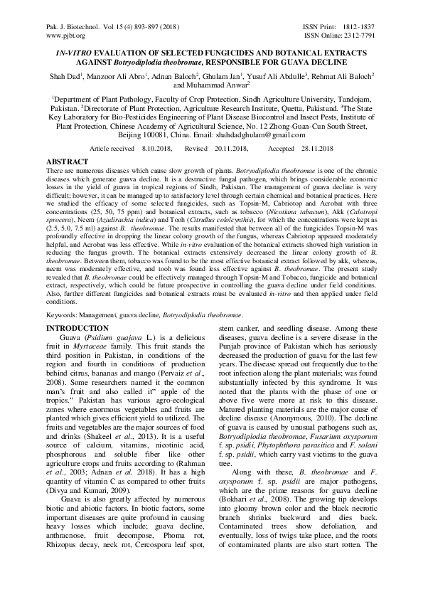 (PDF) IN-VITRO EVALUATION OF SELECTED FUNGICIDES AND BOTANICAL EXTRACTS AGAINST Botryodiplodia ...
