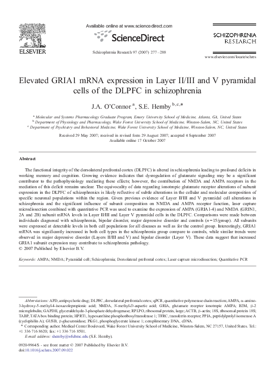 (PDF) Elevated GRIA1 mRNA expression in Layer II/III and V pyramidal ...