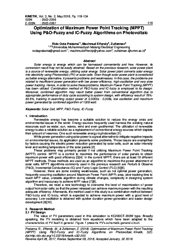 Pdf Optimization Of Maximum Power Point Tracking Mppt Using Pando Fuzzy And Ic Fuzzy