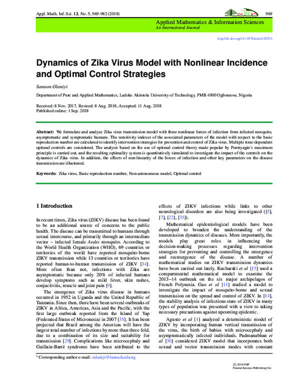 (PDF) Dynamics of Zika Virus Model with Nonlinear Incidence and Optimal ...