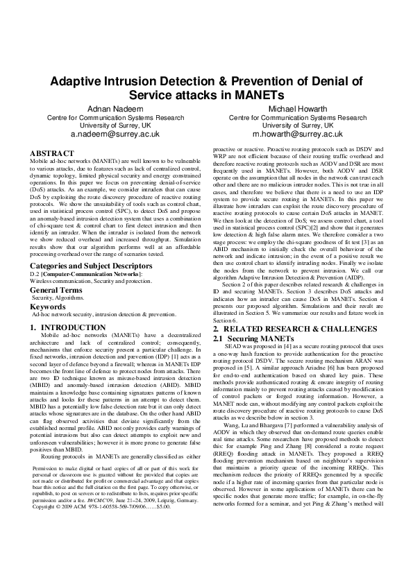 Pdf Adaptive Intrusion Detection And Prevention Of Denial Of Service Attacks In Manets