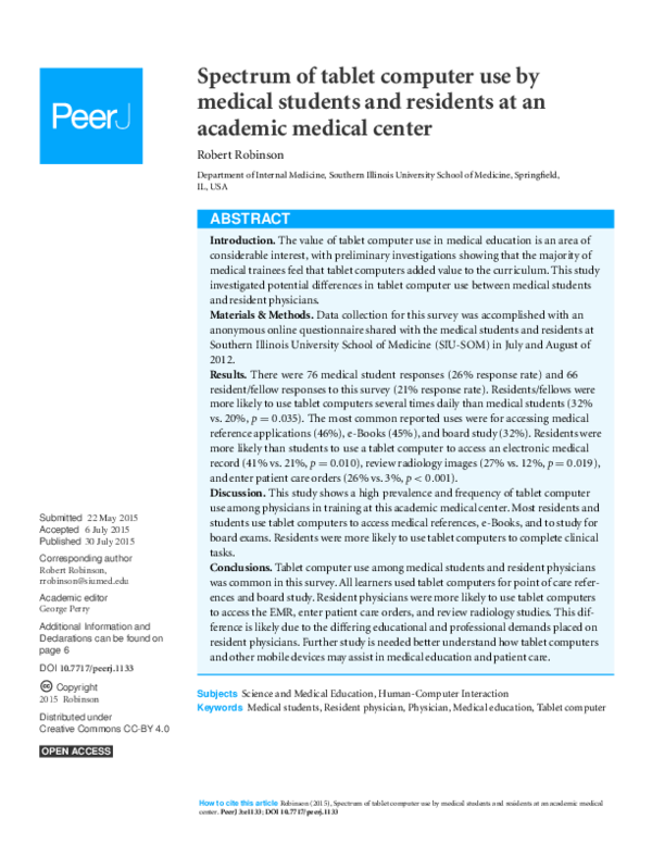 (PDF) Spectrum of tablet computer use by medical students and residents ...
