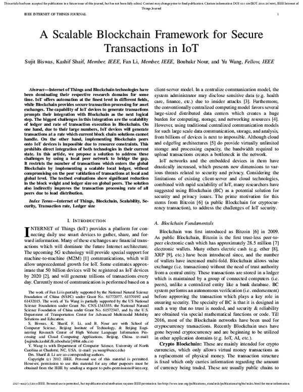 Pdf A Scalable Blockchain Framework For Secure Transactions In Iot