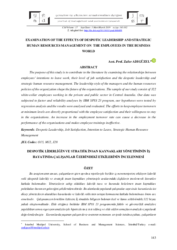 (PDF) Examination of The Effects of Despotic Leadership And Strategic ...