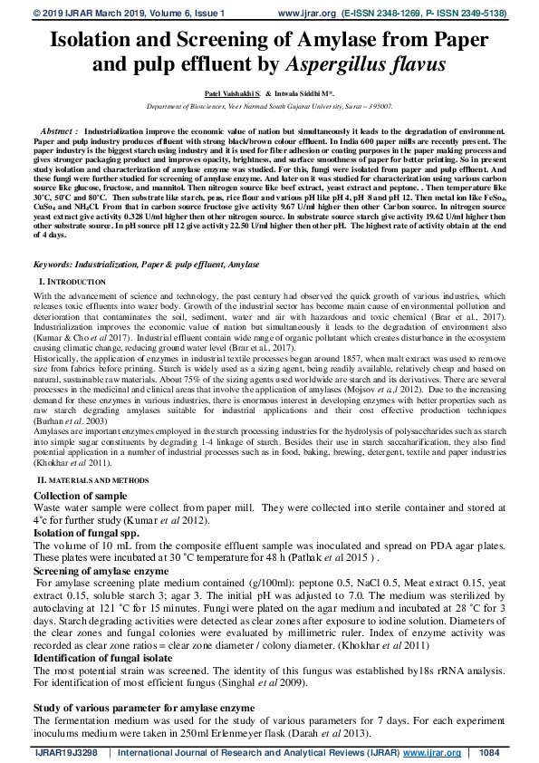 (PDF) Isolation and Screening of Amylase from Paper and pulp effluent by Aspergillus flavus