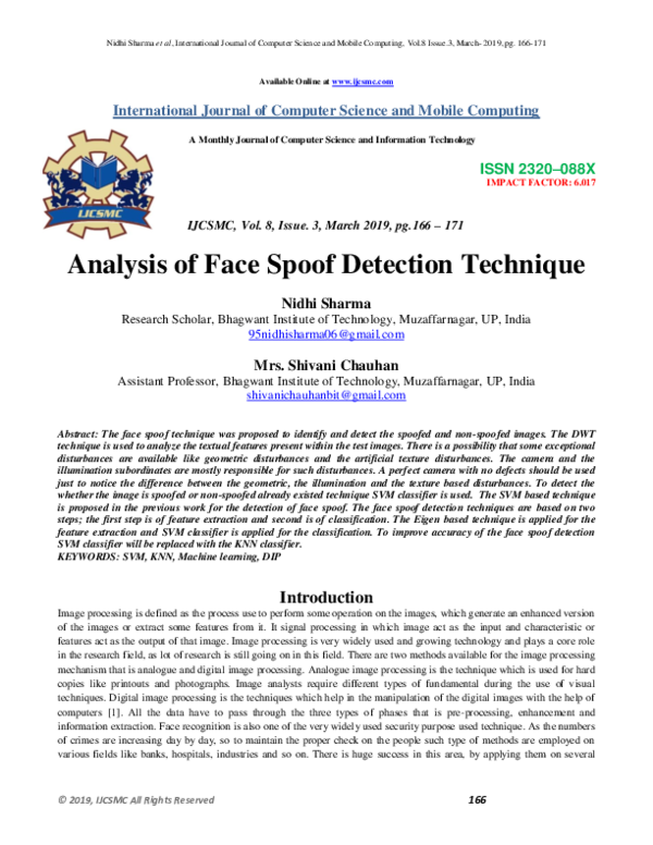 Pdf Analysis Of Face Spoof Detection Technique