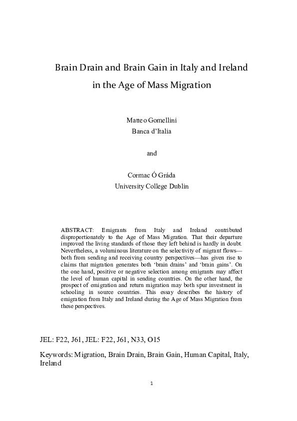 (PDF) Brain Drain and Brain Gain in Italy and Ireland in the Age of ...