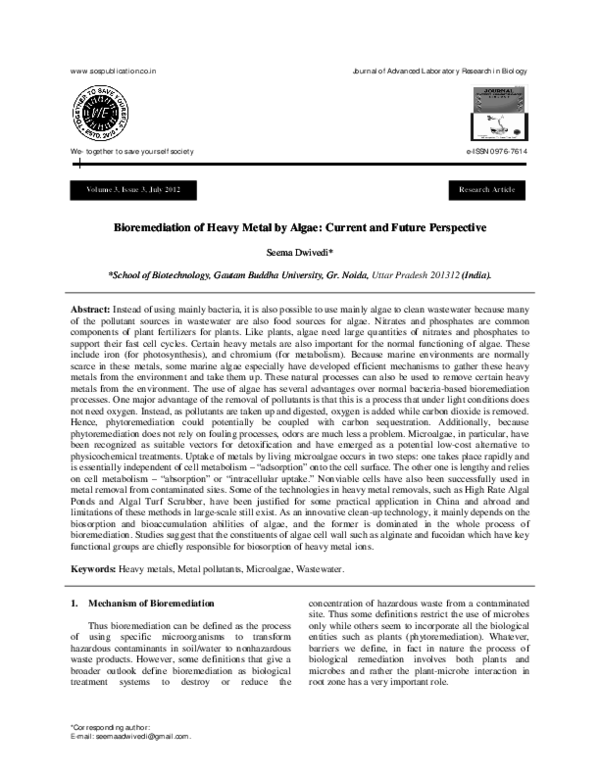 (PDF) Bioremediation of Heavy Metal by Algae: Current and Future Perspective