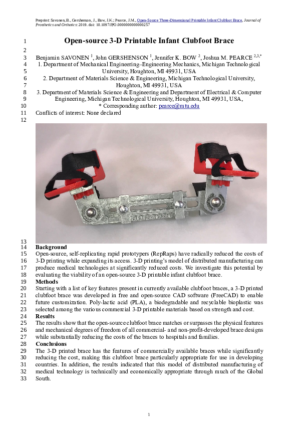 (PDF) Open-Source Three-Dimensional Printable Infant Clubfoot Brace