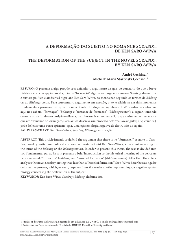 (PDF) A DEFORMAÇÃO DO SUJEITO NO ROMANCE SOZABOY, DE KEN SARO-WIWA THE ...
