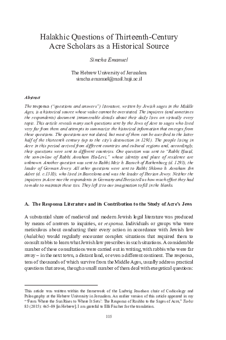 (PDF) Simcha Emanuel, “Halakhic Questions of Thirteenth-Century Acre ...