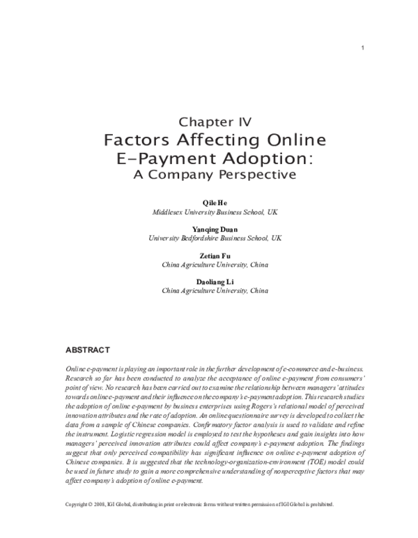 (PDF) Factors affecting online e-payment adoption: A company perspective