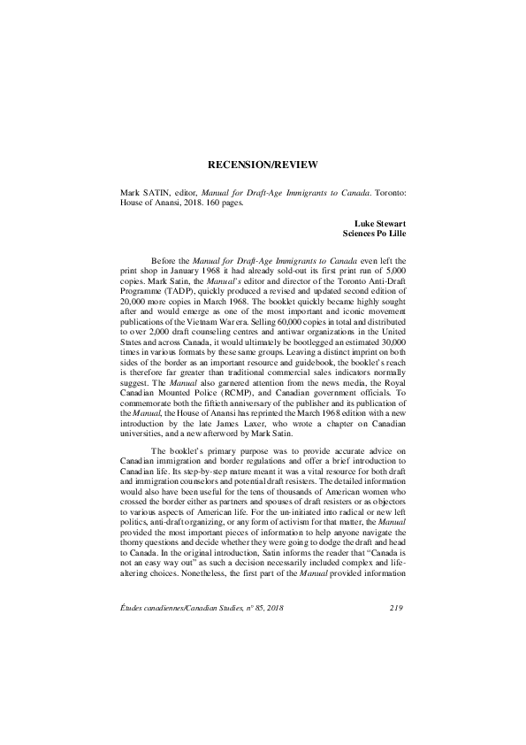 (PDF) Review Essay: Mark Satin, ed., Manual for Draft-Age Immigrants to ...