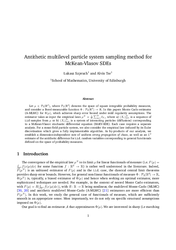 Pdf Antithetic Multilevel Particle System Sampling Method For Mckean Vlasov Sdes