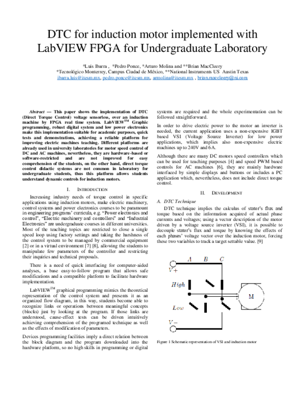 Pdf Dtc For Induction Motor Implemented With Labview Fpga For