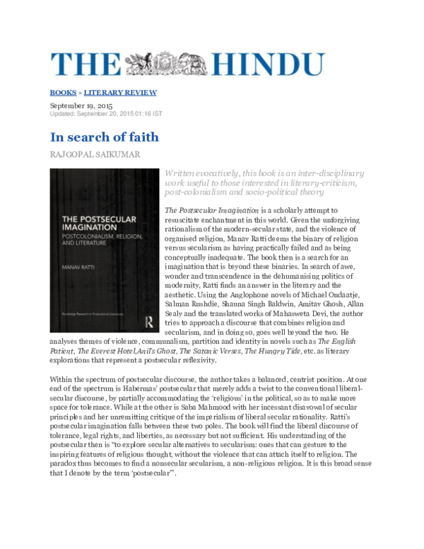 (PDF) Review in The Hindu of The Postsecular Imagination